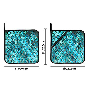 Turquoise Blue Mermaid Scales Pot Holders Set of 2 with Loop Heat Resistant Hot Pads for Cooking Baking Grilling