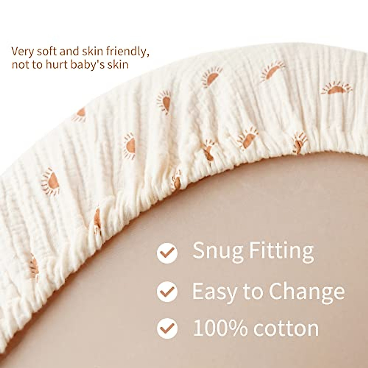 Konssy 2 Pack Soft Breathable Muslin Fitted Bassinet Sheets for Baby Girl Boy, Fit Oval Rectangle Cradle, Moses Basket Pad/Mattress (Camel, Sun)