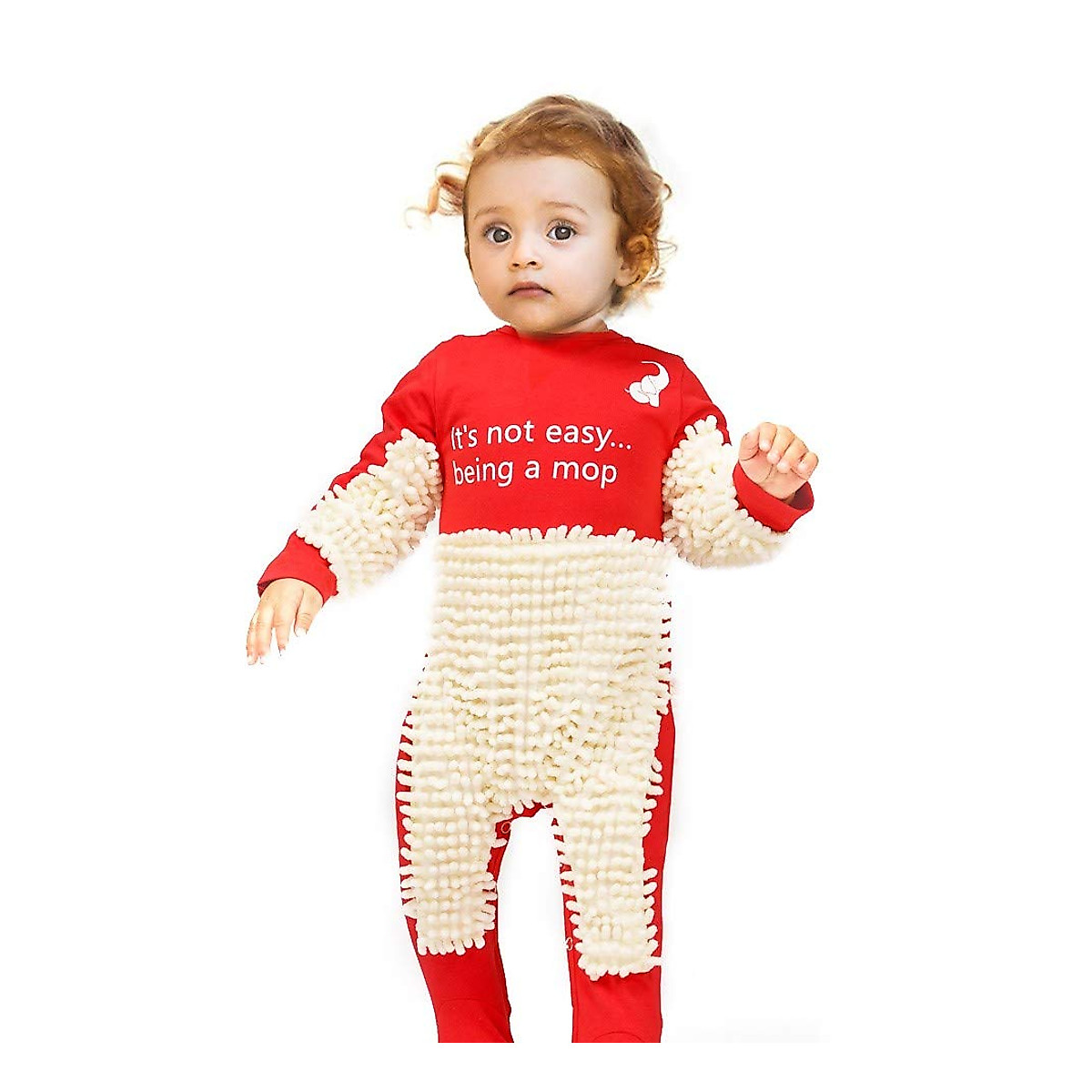 Cute Baby Mop Onesie - Funny and Functional, Perfect as a Long Sleeve Romper for Your Crawling Baby and for Use as an Everyday Baby Jumpsuit. Great as (Red, 9-12 Months)