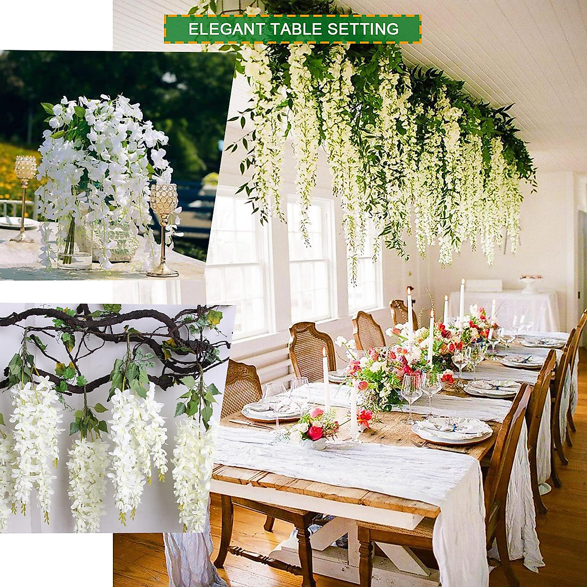 10 Pack White Wisteria Hanging Flowers Vine Garland, 3.28 Feet Fake Wisteria Flowers Strings,Artificial Wisteria Fake Flowers,Wisteria Vine for Home Room Garden Outdoor Wedding Arch Floral Wall Decor