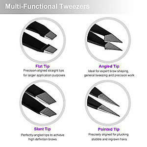 Tweezers Ingrown Hair, Slanted and Pointed Tweezer Set Tweezer 4 Piece Professional Tweezers Set Ingrown Hair Stainless Steel (Black)