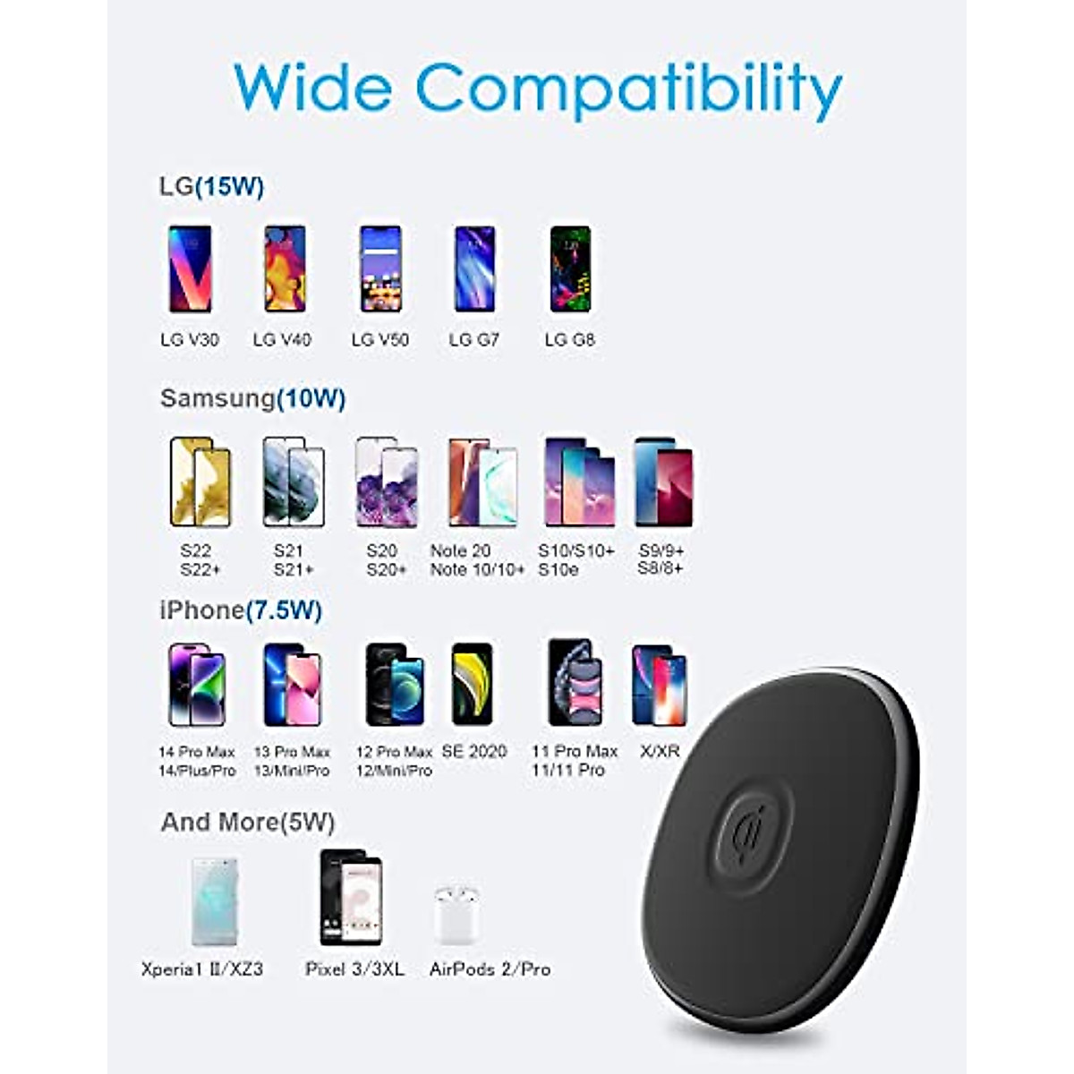 NANAMI Wireless Charger, Qi Certified 15W Max Fast Charging Pad with QC3.0 Adapter USB Phone Charger for iPhone 14/13/13 Pro/12/11/XS Max/XR/X/8,Samsung Galaxy S23/S22/S21/S20/S10/Note 20, Airpods Pro