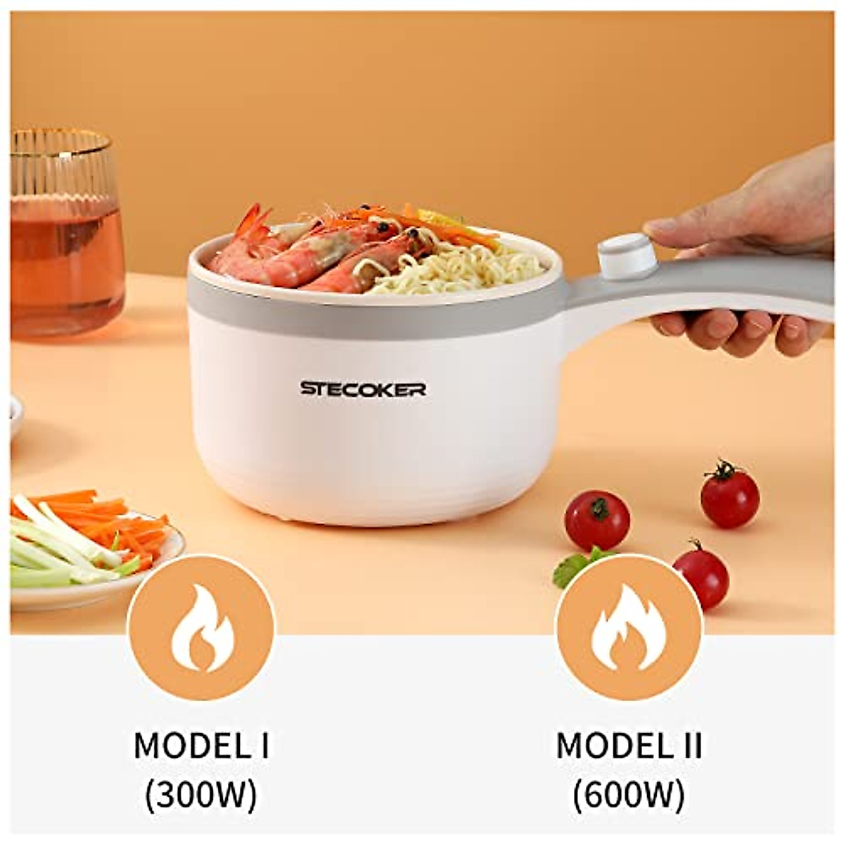 STECOKER Electric Hot Pot with Steamer (1.5LS), 1.5L Instant Pot, Ramen Cooker,110V 600W White