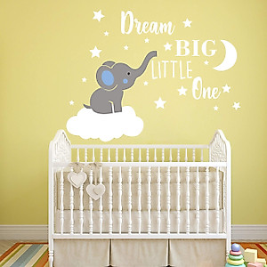 Dream Big Little One Elephant Wall Decal, Quote Wall Stickers, Baby Room Wall Decor, Vinyl Wall Decals for Children Baby Kids Boy Girl Bedroom Nursery Decor Y42 (Blue,White(Boy))