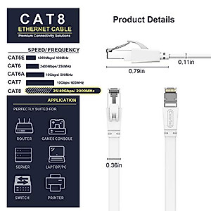 CAT8 Ethernet Cable, 10ft, Cat 8 Flat Patch Cable with RJ45 Connector,25/40Gbps 2000MHz Gigabit Ethernet LAN Cable, U/FTP, Indoor& Outdoor, Compatible with Laptop, Switch, Router, PS5, PS4