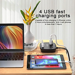 Power Strip with Phone Shelf, Yintar 6 Feet Long Braided Flat Plug Extension Cord with 3 Outlet and 4 USB Ports, Compact Size Charging Station for Home, Office, Dorm Essentials, Black