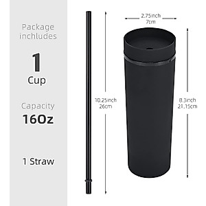 Futtumy Skinny Tumblers with Lids and Straws, 16Oz Matte Black Tumbler, Reusable Pastel Acrylic Tumblers, Double Wall Tumblers, Plastic Coffee Tumbler for Cold Hot Drinks, DIY Cups (Black, 1Pcs)
