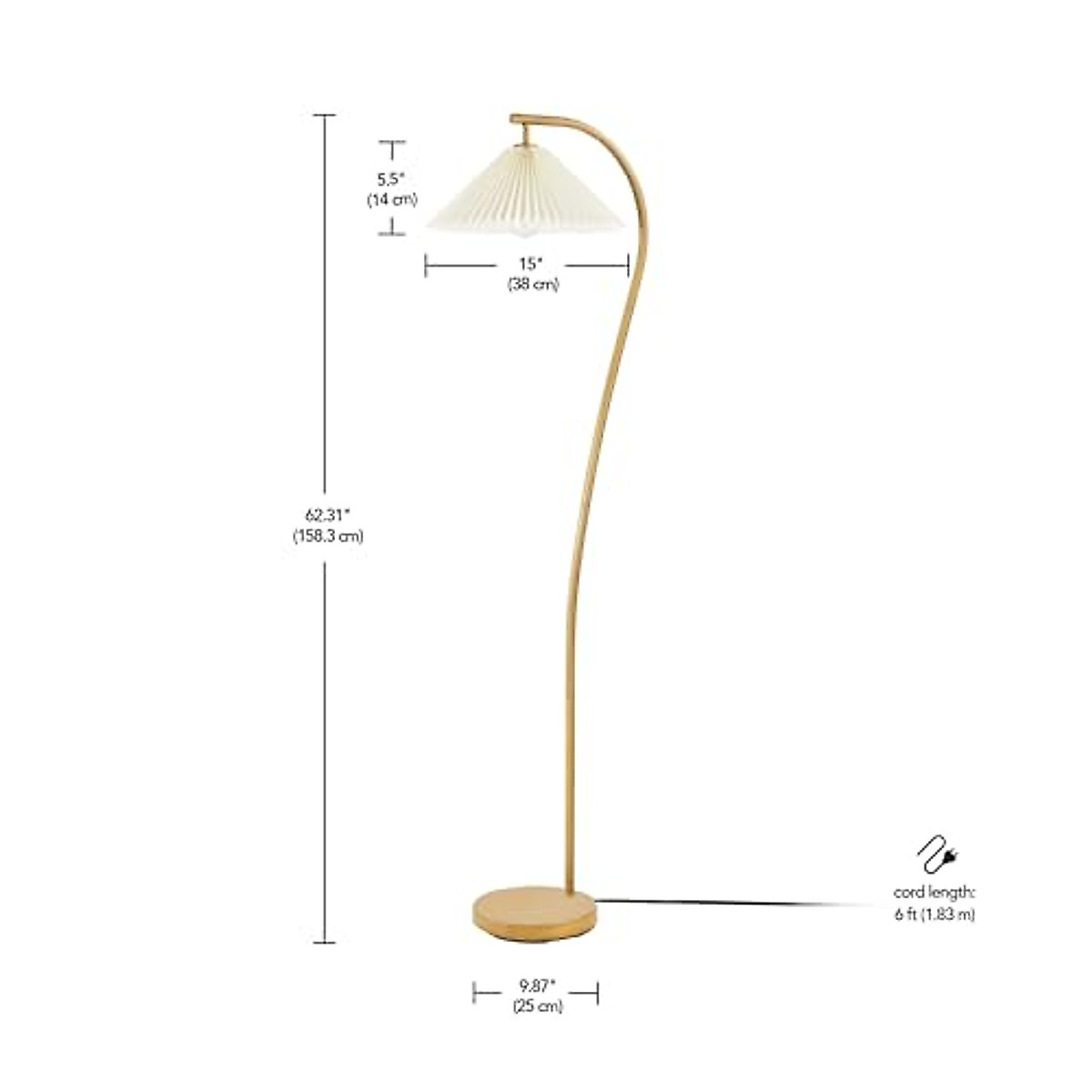 Globe Electric Novogratz x 61000043 Novogratz x Globe 62" Floor Lamp, Faux Wood Finish, White Pleated Fabric Shade, Pivot Joint on Shade, in -Line On/Off Foot Switch, Black Cord, Reading Lamp