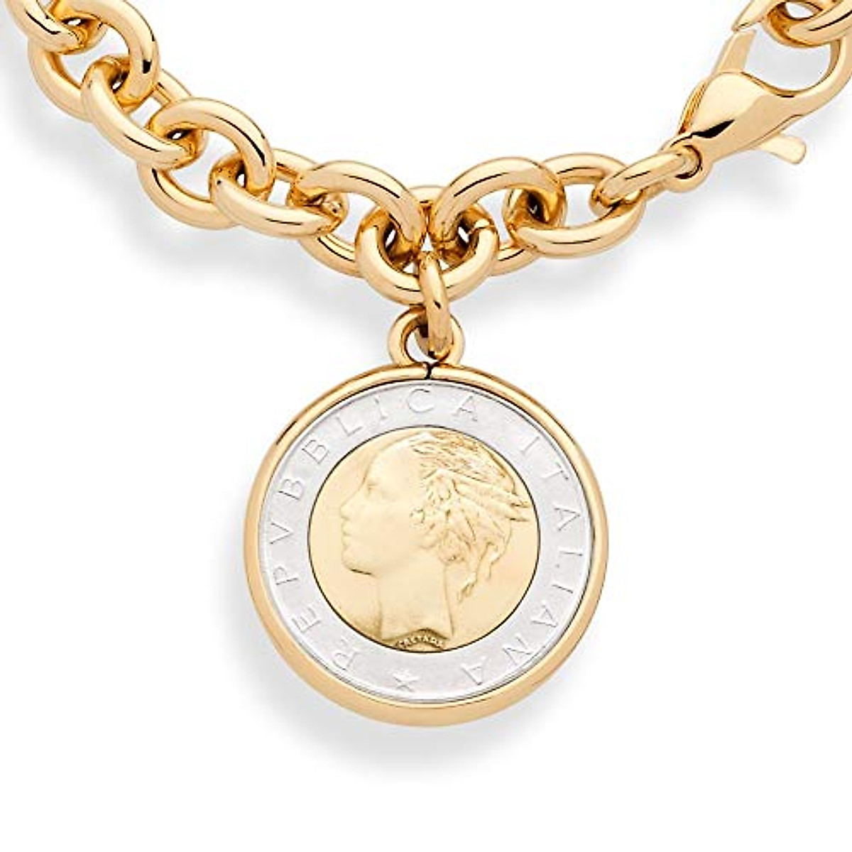 Miabella 18K Gold over Bronze Italian Genuine 500-Lira Coin Charm Rolo Link Chain Bracelet for Women Made in Italy