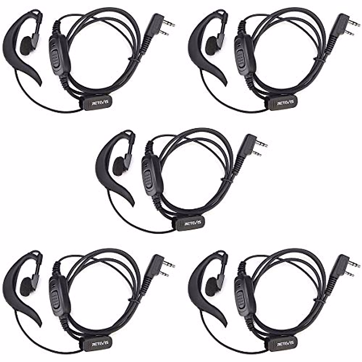Retevis RT21 Two Way Radio Earpiece with Mic, Big PTT, Compatible RT22 RT21 H-777 RT68 RT22S H-777S RT19 pxton Walkie Talkie, G-Type Soft Earhook Walkie Talkie Earpiece 2 Pin(5 Pack)