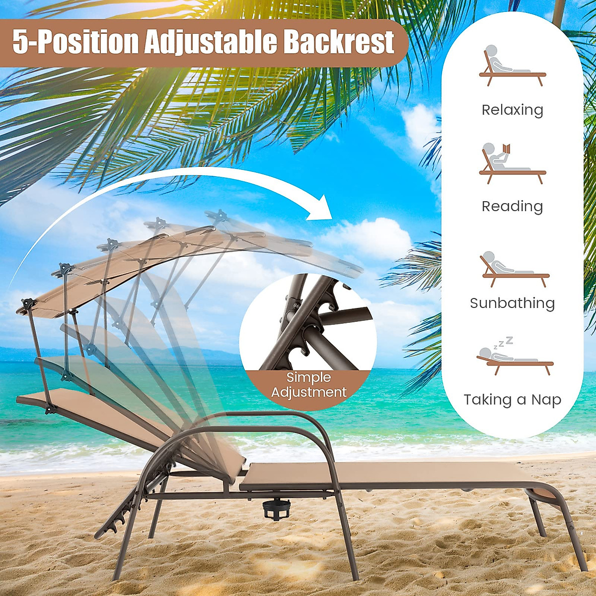 Giantex Patio Chaise Lounge Chair - Outdoor Beach Chair with Adjustable Canopy, Cupholder, 5-Level Backrest, Metal Frame Sunbathing Lounger for Outside, Poolside, Yard, Lawn Tanning Chair (1, Brown)