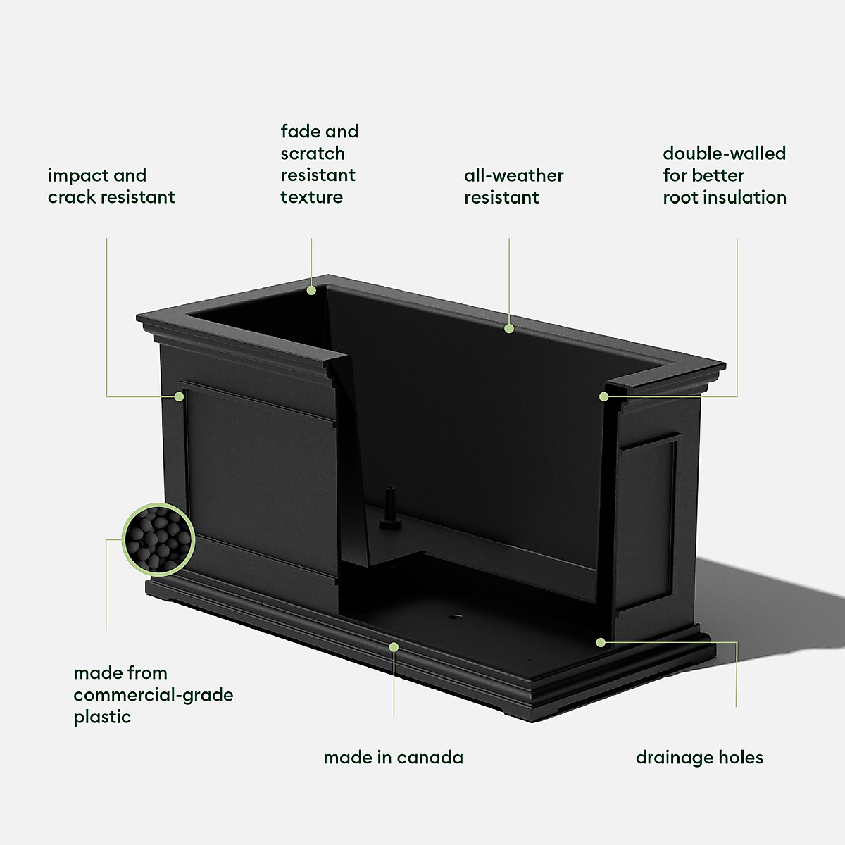 Veradek Brixton Series Large Plastic Planter - Black, Outdoor Patio/Balcony, All-Weather Resistant, Dimensions: 17.5"H x 16"W x 32"L, Classic Estate Design for Flowers, Trees, Shrubs