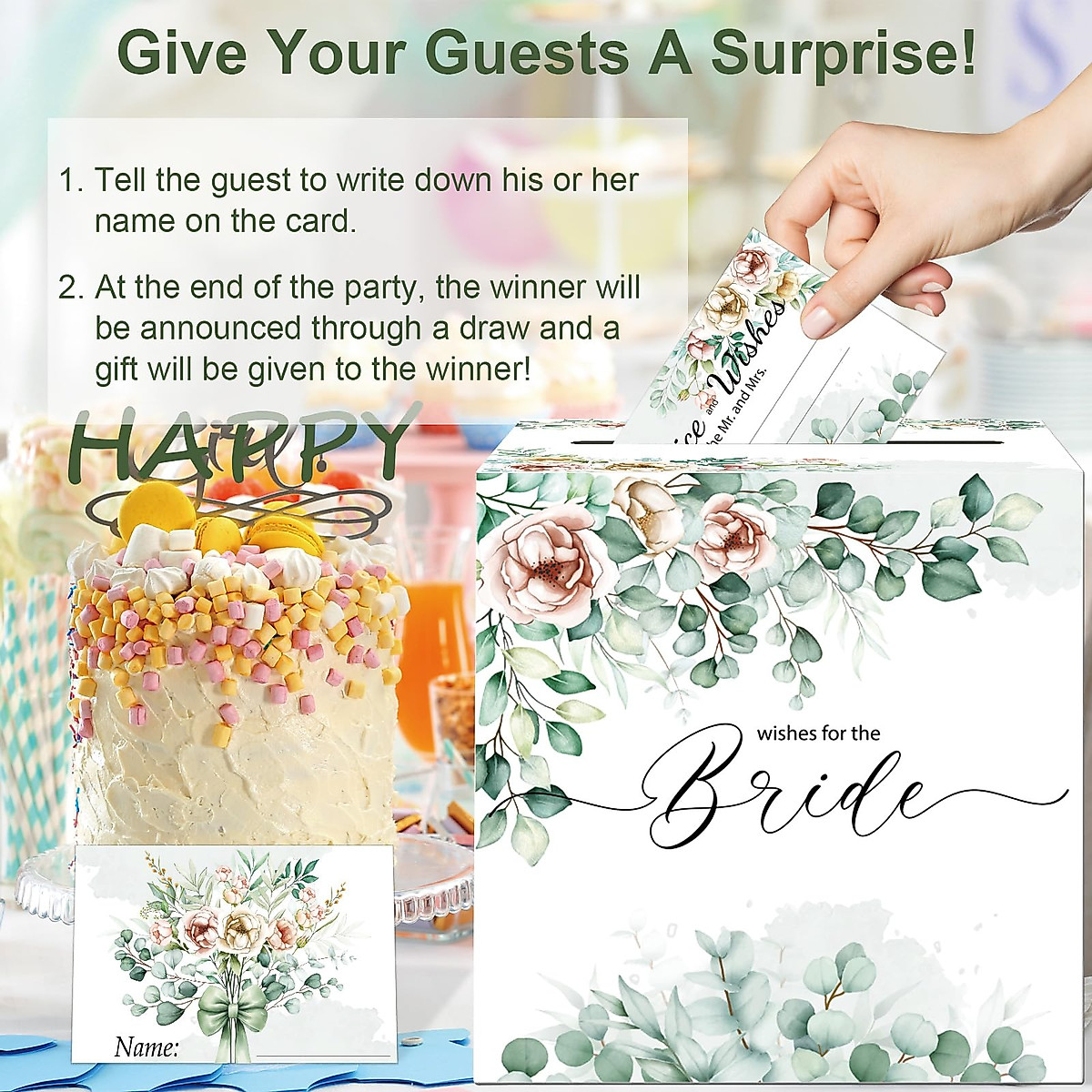 51 Pcs Bridal Shower Game Card Box, Wedding Raffle Card Box, Wedding Shower Advice and Wishes Cards and Box Set, Greenery Card Holder Box for Wedding Decorations Bridal Shower Activity Wedding Games