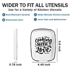 Ceramic Patterned Fork Spoon Rest with Message Cooking with love, Functional Kitchenware Spoon Rest Suitable for Kitchen Countertop Stove Top Kitchen Accessory and Gift for Cooking Enthusiasts