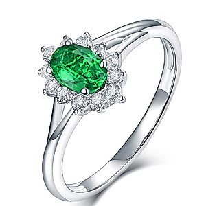 Lanmi 14K White Gold Natural Green Emerald Rings Diamond Engagement Wedding for Women Promotion
