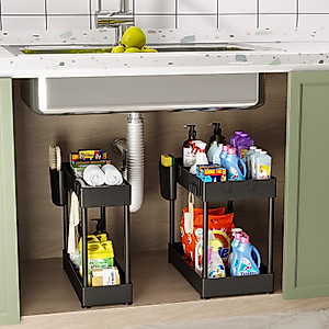 Fixwal 2pcs Under Sink Organizers and Storage, 2 Tier Under Bathroom Cabinet Storage with 8 Hooks and 2 Baskets, Multi-purpose Under Sink Shelf Organizer for Home Kitchen Bathroom (Black)