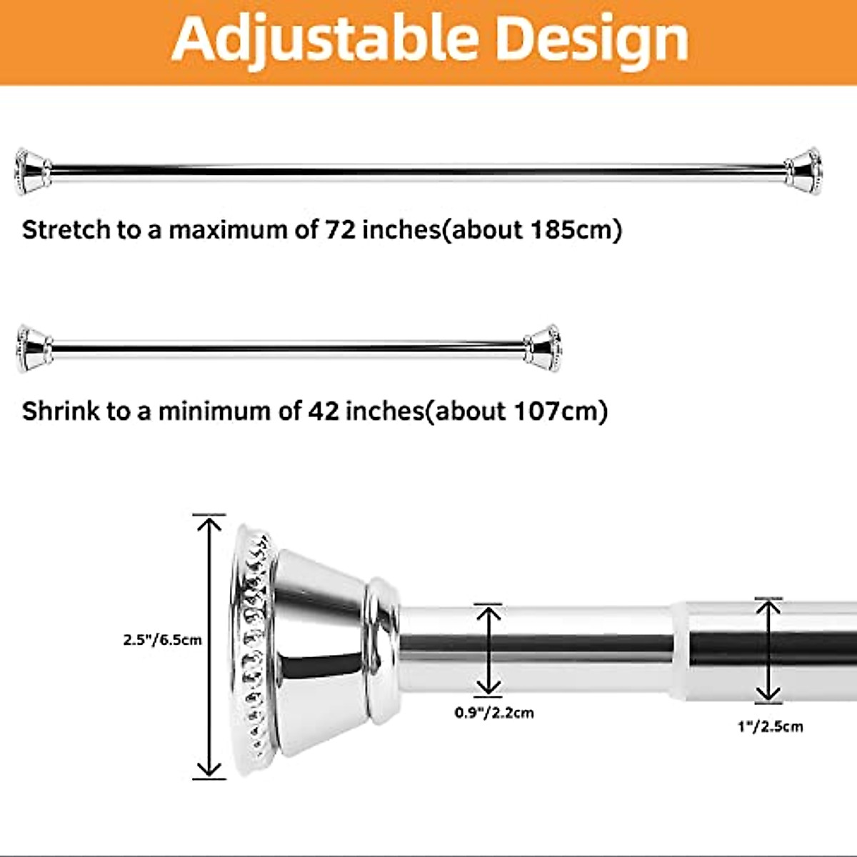 VEGA U Tension Shower Curtain Rod Anti-slip No Drill for Bathroom Bedroom Study Window Closet Doorway, 43-72 inch Adjustable (Silver)