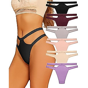 FINETOO Seamless Thongs for Women High Waisted Underwear G String Sexy Tangas Invisible Panties Lace Trim No Show 6 Pack S-XL
