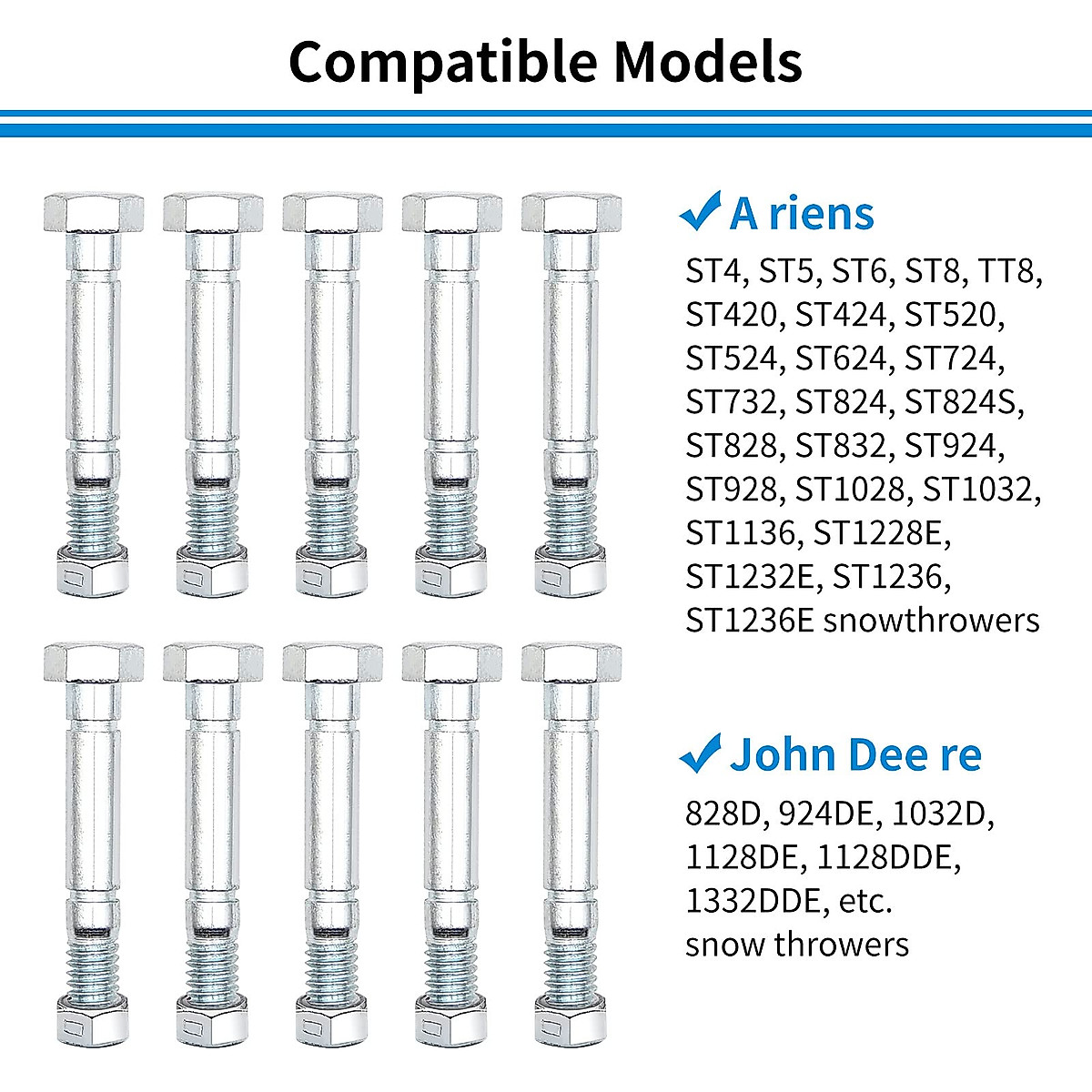 51001500 Shear Bolt Kit Fit for A riens Snowblower - 10 Set of Shear Pins & Nuts Fit for A riens ST1032 ST1028 ST824 ST828 Snow Thrower Auger, Replace 510015 AM122156 AM136890 91550 7091550YP 780-011