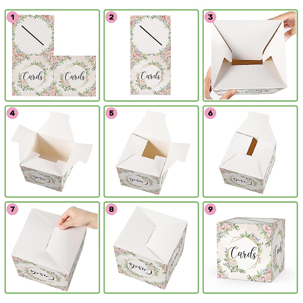WUAWN Greenery Pink Floral Card Box, 8"x8"x8" Envelop Gift Money Box Holder, Wedding Party Birthday Bridal Shower Baby Shower Graduation Decorations-box08