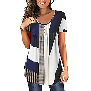 BeadChica Women's Tunic Tops For Leggings Short Sleeve Shirts Botton Up Casual Ruched Blouses Clothing Floral-XXL White Blue