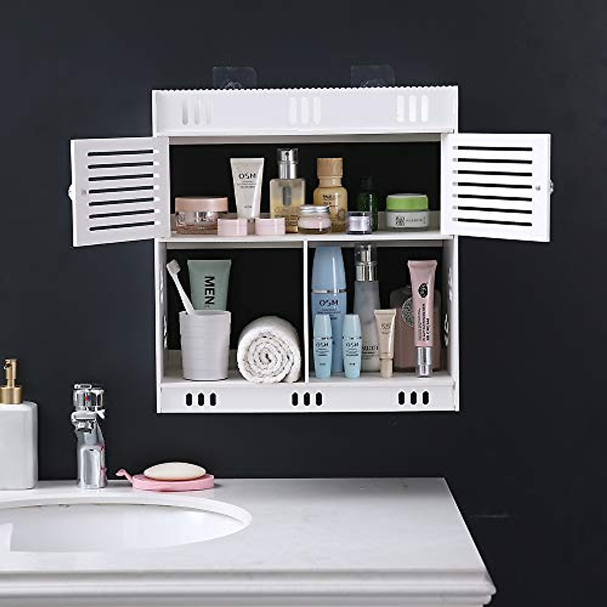 Ochine Home Bathroom Cabinet Wall Mounted with Doors, Bathroom Medicine Cabinet Non-Perforated Wood Hanging Cabinet Wall Bathroom Cabinet PVC Wall Cabinets with Doors and Shelves Over The Toilet