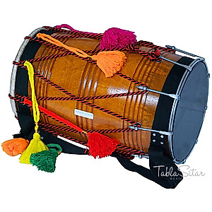 Dhol Drum by Maharaja Musicals, Mango Wood, Natural, Barrel Shaped, Padded Bag, Beaters, Nylon Shoulder Strap, Punjabi Bhangra Dhol Musical Instrument (PDI-GE)