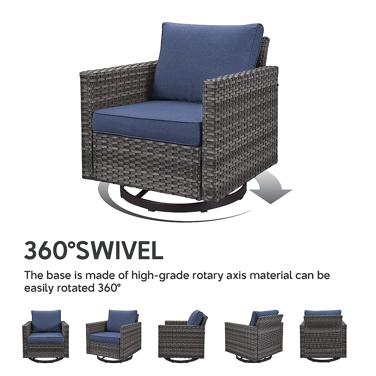 Artfurniz Patio Chairs Wicker Swivel Rocker Set of 2 - Heavy Duty Patio Furniture Set 350LBS Max Load Wicker Outdoor Swivel Glider Rocking Chairs for Porch Balcony Deck Poolside - Grey/Blue