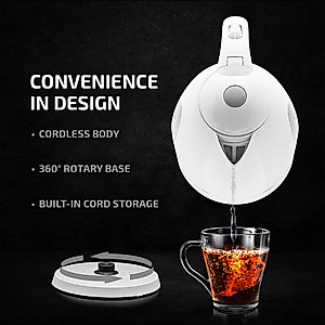 Ovente Electric Kettle 1.7 Liter Cordless Hot Water Boiler, 1100W with Automatic Shut-Off and Boil Dry Protection, Fast Boiling BPA-Free Portable Instant Heater for Making Tea, Coffee, White KP72W