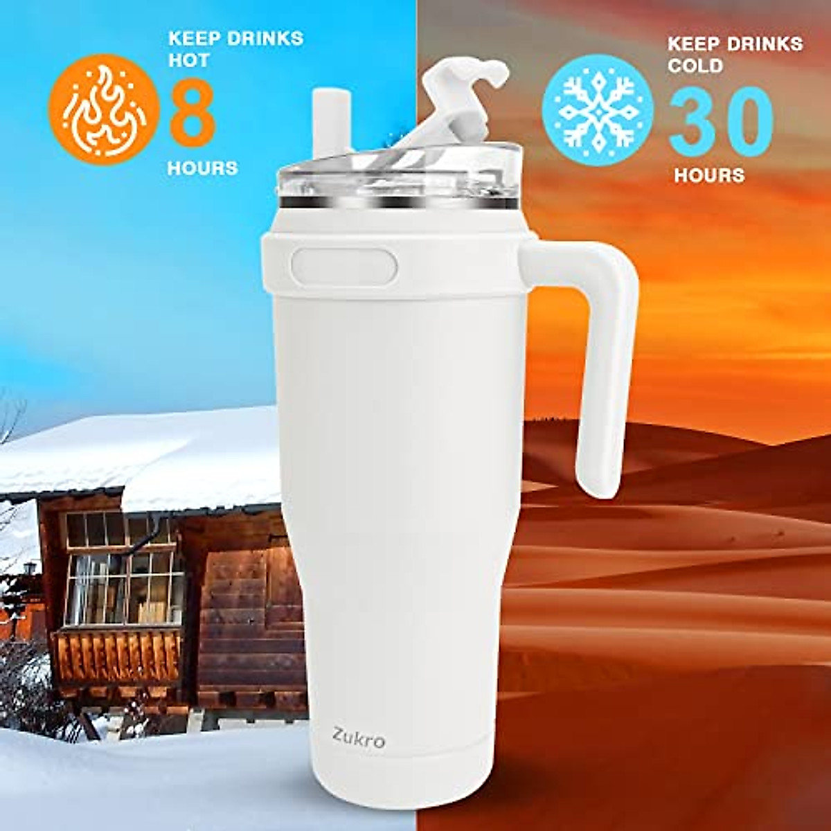Zukro 50 oz Mug Tumbler With Handle And Flip Straw, Leakproof Vacuum Insulated Stainless Steel Cup Water Bottle with 2-in-1 Lid,Large Travel Mug, Fit in Cup Holder, Keeps Cold for 30 Hours, White
