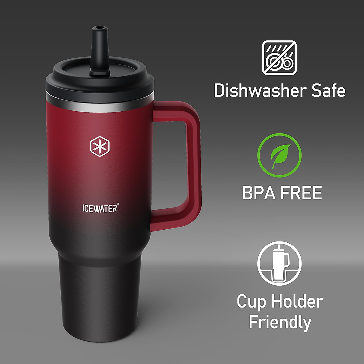 ICEWATER 40 oz Tumbler with 2 Lids (Flip & Standard Straw),100% Leak Proof Insulated Tumbler with Handle, Cup Holder Friendly, Stainless Steel Water Bottle, Gifts for Women & Men (Dark Rainbow)