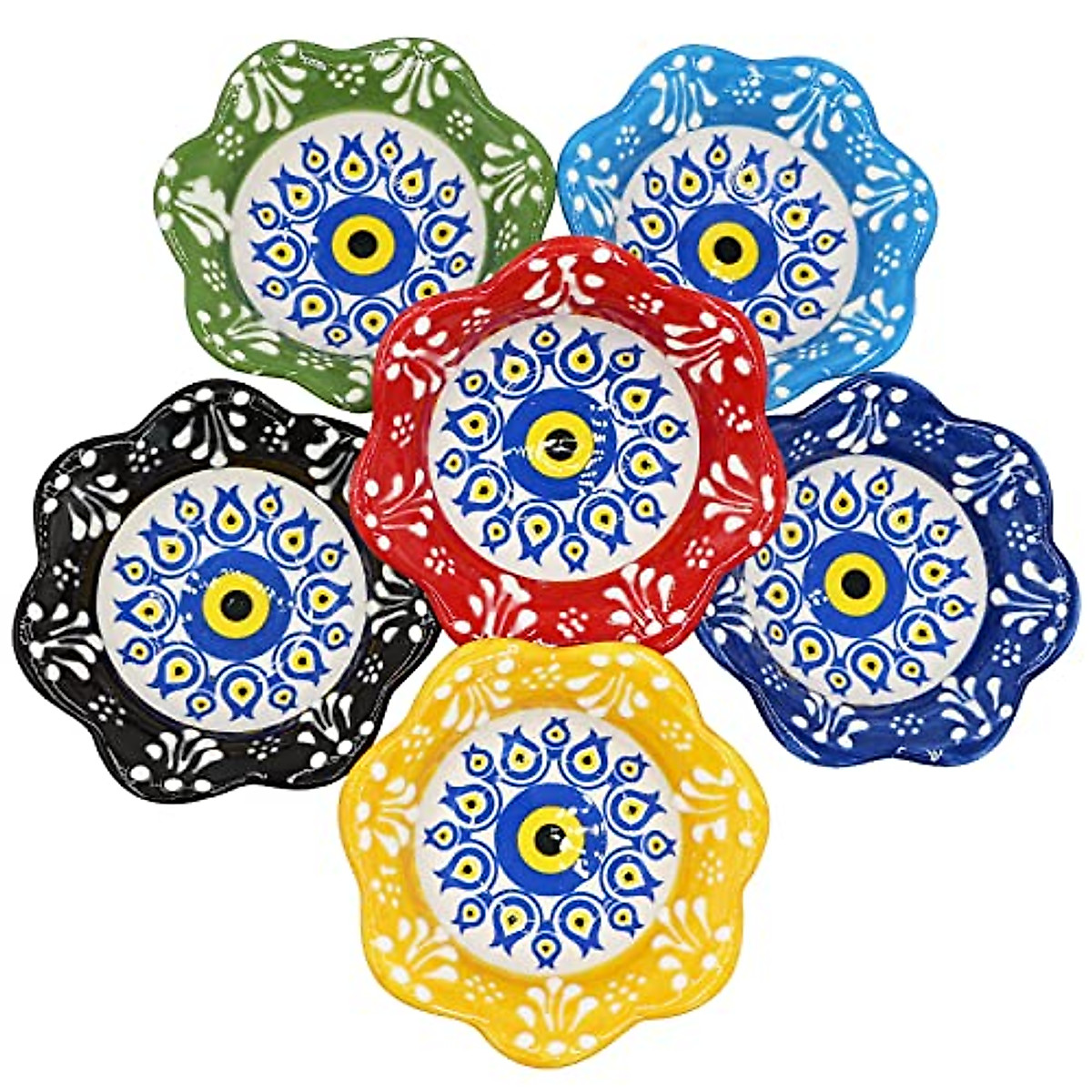HeraCraft 6pcs Daisy Shaped Evil Eye Hand-Painted Ceramic Snack Bowls 3.74''/9.5cm-77ml/2.7 oz Decorative Nazar Design Multi-Purpose Cute Set - Pinch Sauce Dipping Finger Small Serving Bowls