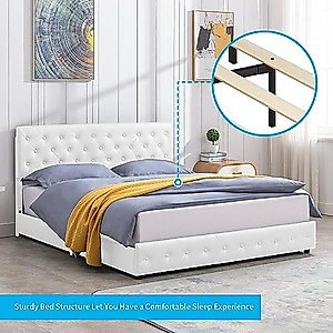 Mjkone Upholstered California King Platform Bed Frame with 4 Storage Drawers, PU Leather Modern Bed Frame with Adjustable Headboard, Button Tufted Design/No Box Spring Needed/Easy Assembly (White)