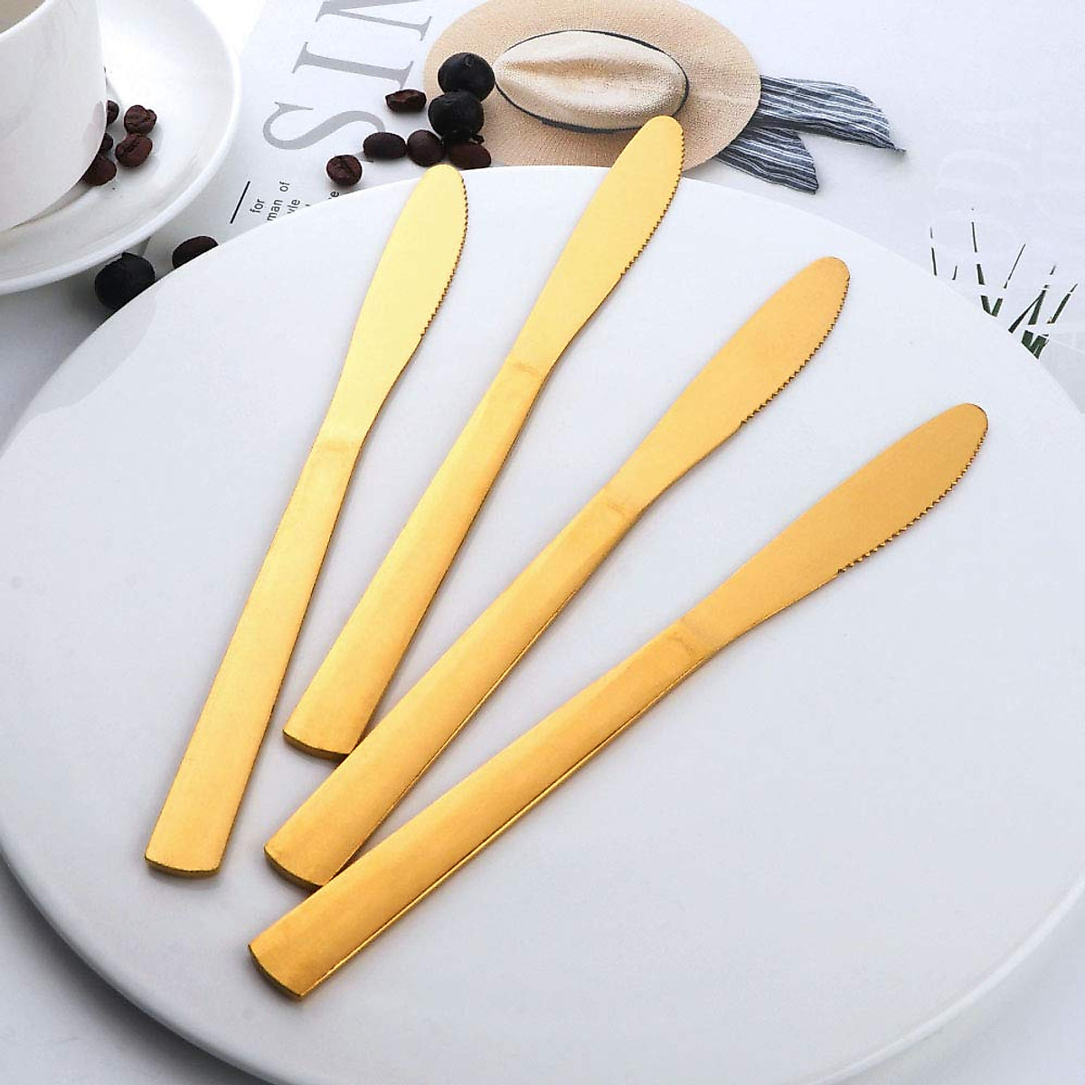 7.9-Inch Dinner Knives Pack of 12 for Restaurant Home Catering, BUY&USE Gold Stainless Steel Cutlery Set