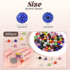 100 pcs 10mm Rhinestone Beads for Jewelry Making, 10 Mixed Colors Shiny Round Disco Ball Beads Bulk, Sparkle Crystal Clay Christmas for Bracelet Baseball Necklace Earring Crafting and DIY
