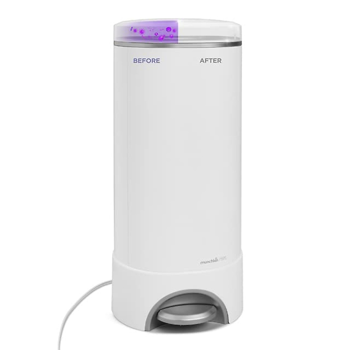 Munchkin® UV Diaper Pail #1 in Odor Control, LED UV Lights Kills 99% of Germs and Odor Causing Bacteria on Lid Surface, Includes 1 UV Refill Ring and 1 UV Snap, Seal & Toss Bag