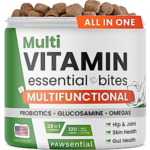 Pawsential 30-in-1 Dog MultiVitamin Chewable Supplement + (Glucosamine, Omega, Probiotics) Dog Vitamins for Skin & Coat, Hip & Joint & Gut Health - Senior & Puppy - Pet Vitamins-100 Ct Salmon