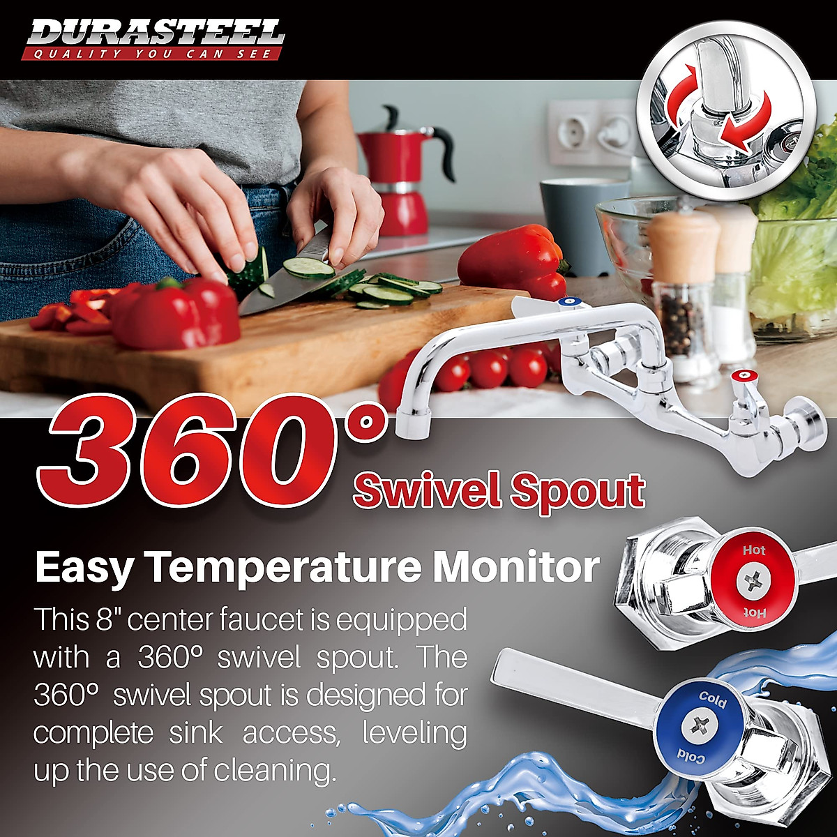 Kitchen Sink No Lead Faucet - DuraSteel 8" Center Wall Mounted Commercial Kitchen Sink Faucet with 8" Swivel Spout - NSF Certified - Dual Lever Handles - Brass Constructed & Chrome Polished