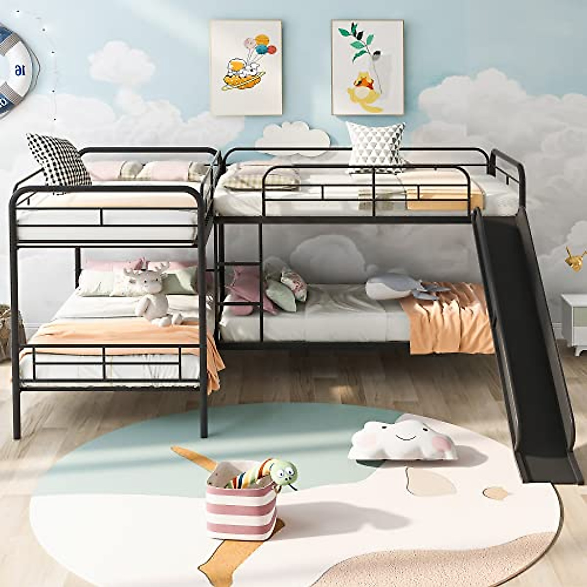 MOEO Twin Size L-Shaped Bunk Bed with Slide, Metal Bunkbed Frame w/Ladder & Safety Guardrail for 4, Bedroom, Home, No Spring Box Needed, Black