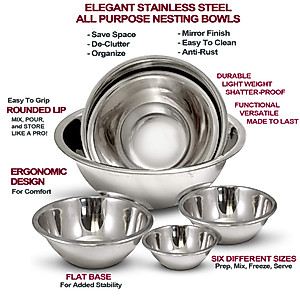 HOMEARRAY Stainless Steel Mixing Bowls Set (Set of 6) - Polished Mirror kitchen bowls, Nesting Bowls for Space Saving Storage, Ideal For Cooking, Baking & Serving, Food Prep & Salad Prep.