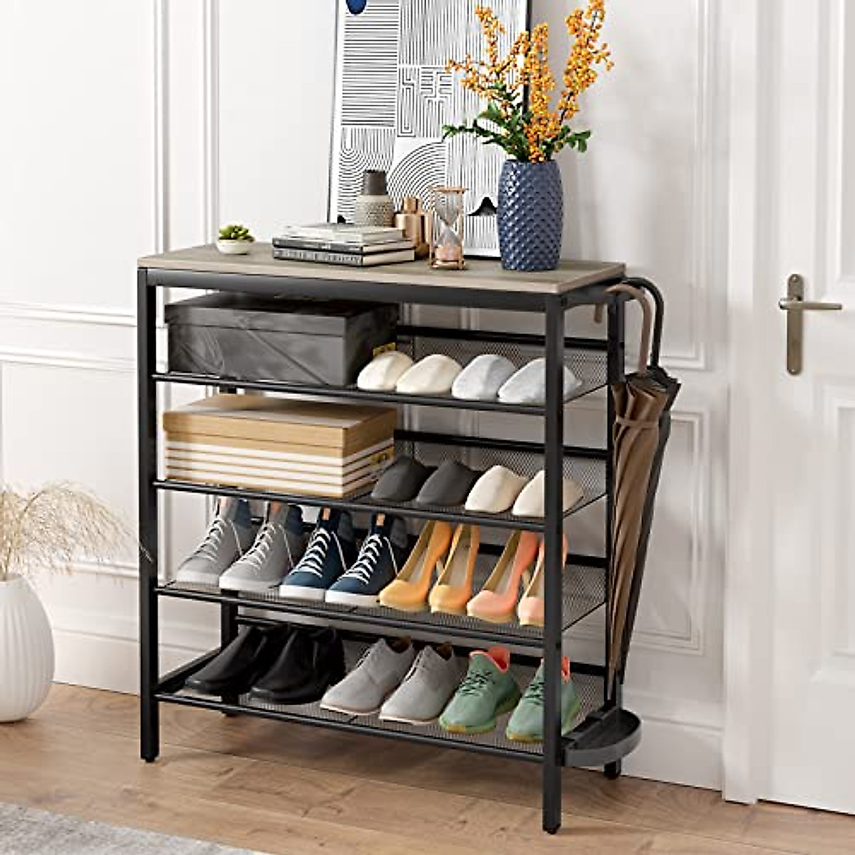 Shoe Rack, SimpleWise 5-Tier Metal Shoe Rack Industrial Shoe Storage Organizer Shelf with Umbrella Holder,Entryway Table for Hallway Living Room, Closet, Bedroom, Wash Grey