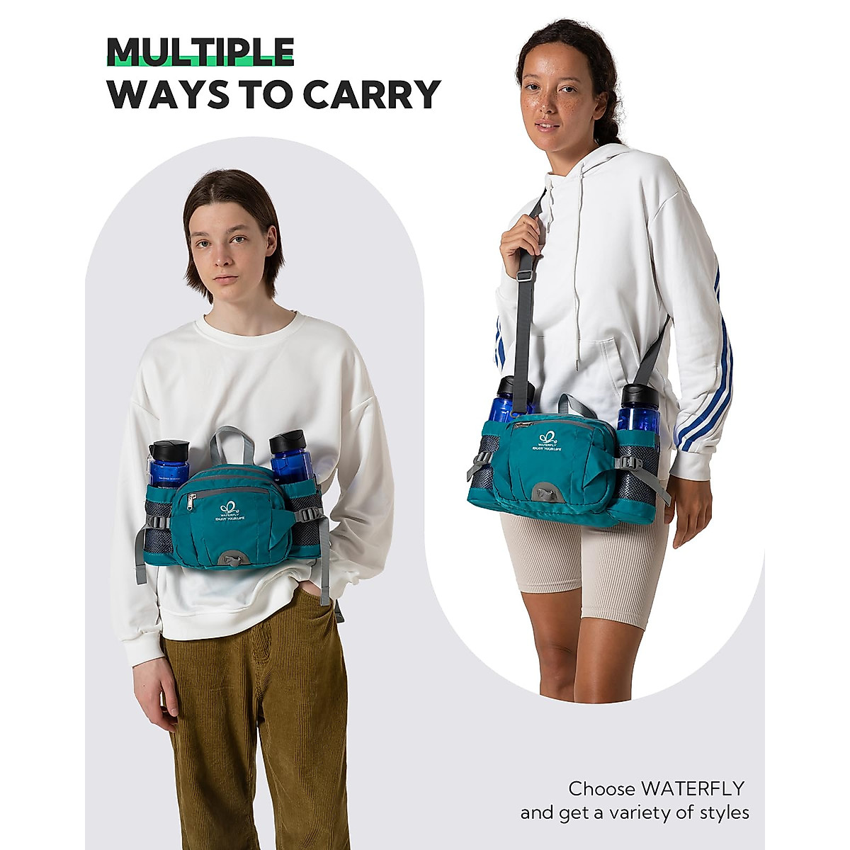 WATERFLY Fanny Pack Waist Bag: Fannie Pack 2 Water Bottle Holders Lumbar Belt Hiking Walking Running Jogging Camping Large Woman Man (Bottle Not Included)