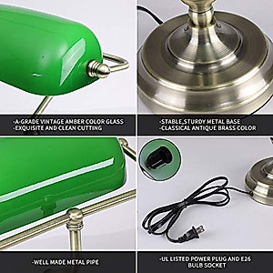 Liylan Green Glass Bankers Desk Lamp,Vintage Desk Lamp Touch Control, 3 Way Dimmable Table Lamp with USB Charging Port, Mid Century Banker's Desk Lamp for Home Office Library Antique Brass