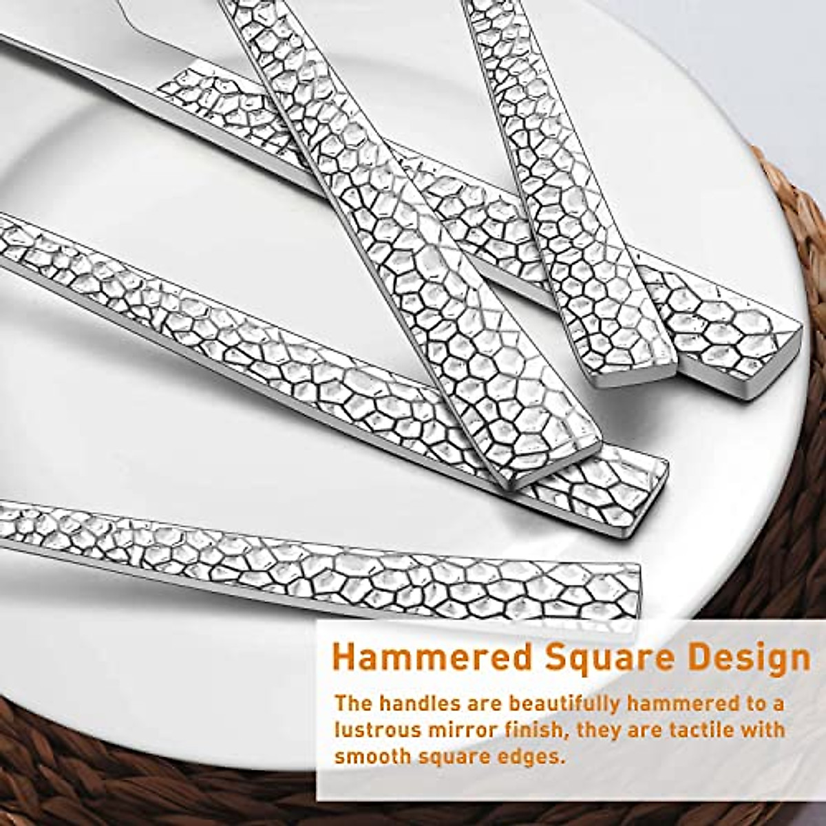 Herogo Stainless Steel Hammered Square Silverware Set for 4, 20-Piece Fancy Flatware Cutlery Set, Metal Tableware Eating Utensils Set for Home Restaurant Wedding, Dishwasher Safe