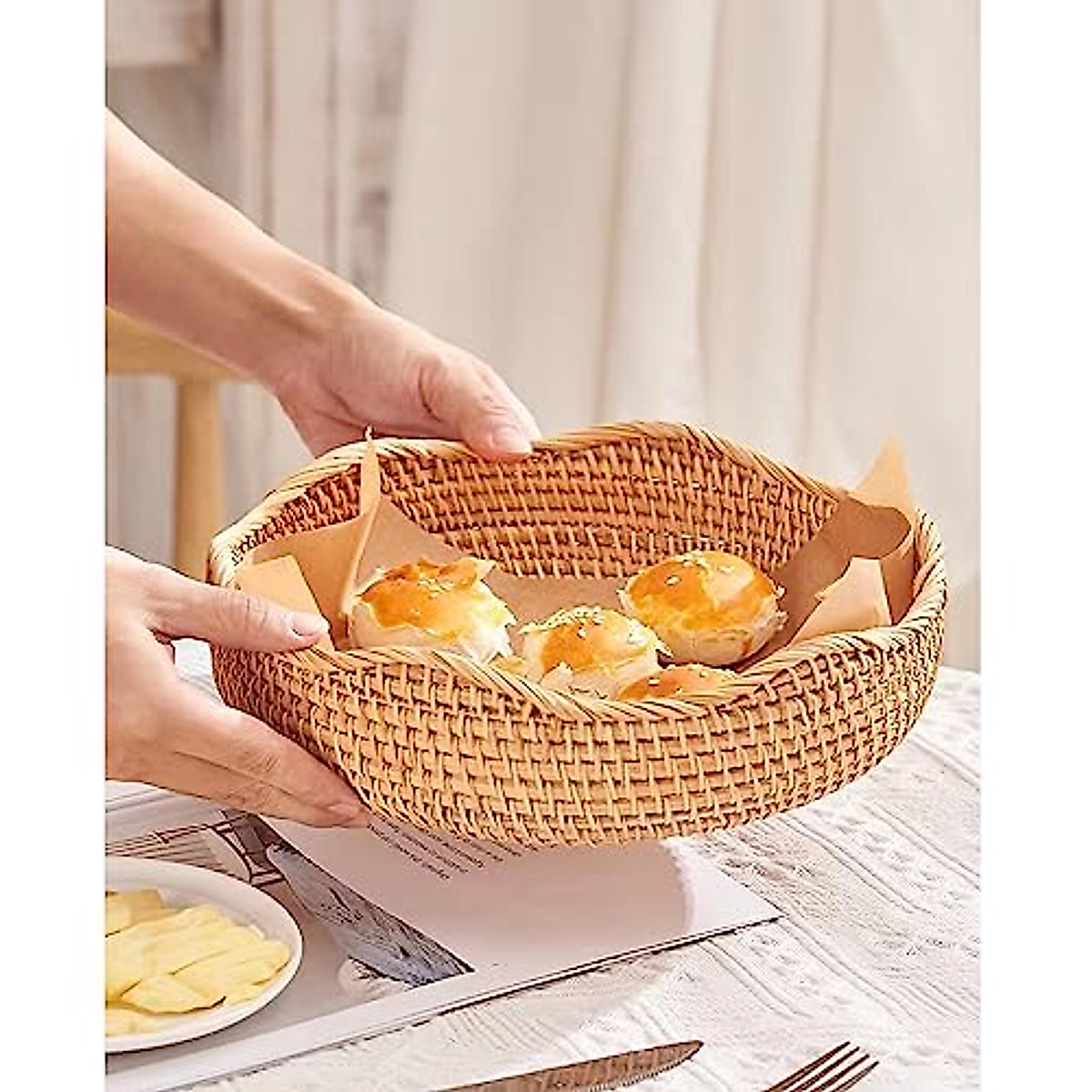 Rattan Decorative Fruit & Bread Bowl - Honey Brown, 10" Woven Round Basket