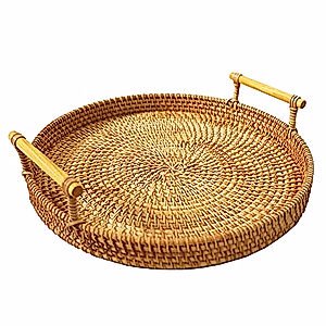 Rattan Tray Wicker Tray for Coffee Table Bread Baskets with Handle for Serving Food Crackers Snacks 11 Inch Round