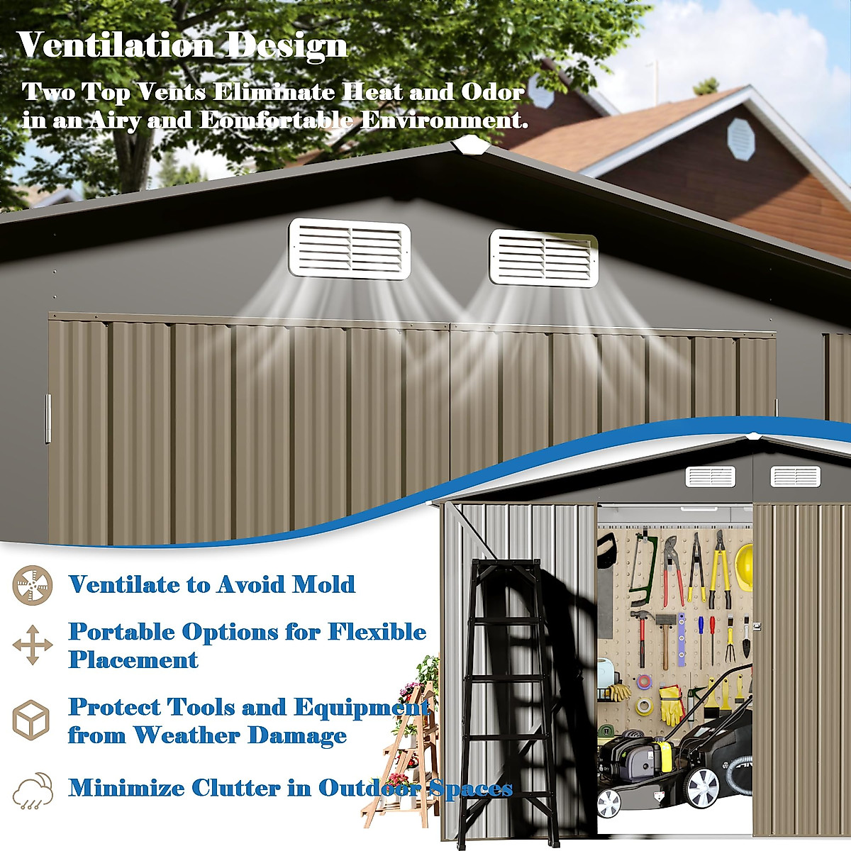 TIMWNER Large Storage Shed, 10' × 8' FT Metal Storage Shed with Lockable Door, Waterproof Shed Outdoor Use, Tool Shed with Windows for Bike, Garden, Brown