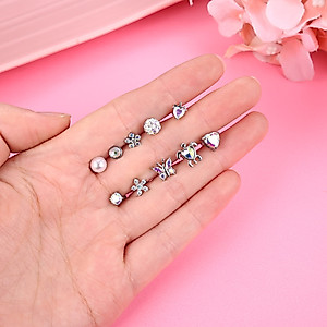 JOERICA 10 Pairs Screw Back Earrings for Women Surgical Steel Hypoallergenic Earrings Stud CZ Heart Flower Pearl Butterfly Turtle Screw on Earrings Pink CZ