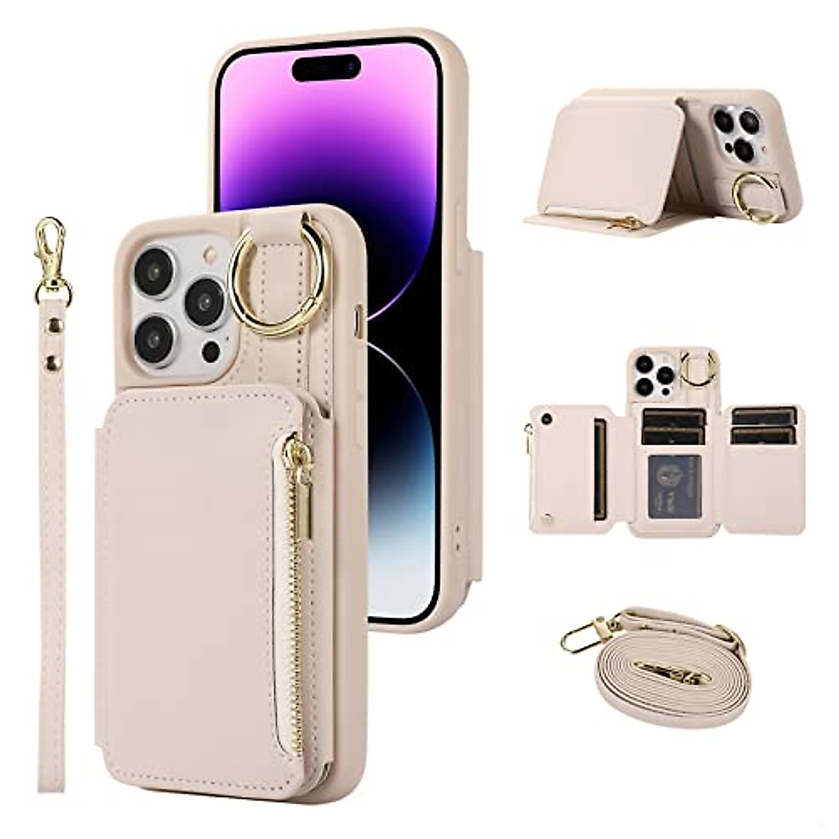 Nunwiza for iPhone 13 Pro Max Case Wallet with Card Holder Shoulder Hand Straps, Crossbody Leather Zipper Handbag Purse Flip Case Compatible with iPhone 13 Pro Max 6.7 Inch Beige