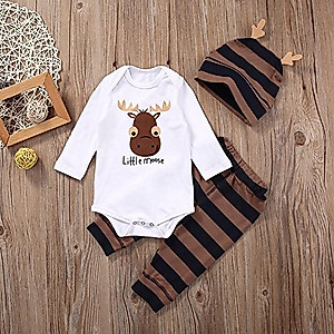 Autumn Winter Newborn Baby Boys Girls Tops Moose Romper Pants Hat Outfits Set Cute Clothes 3Pcs (0-6 Months, White+Brown)